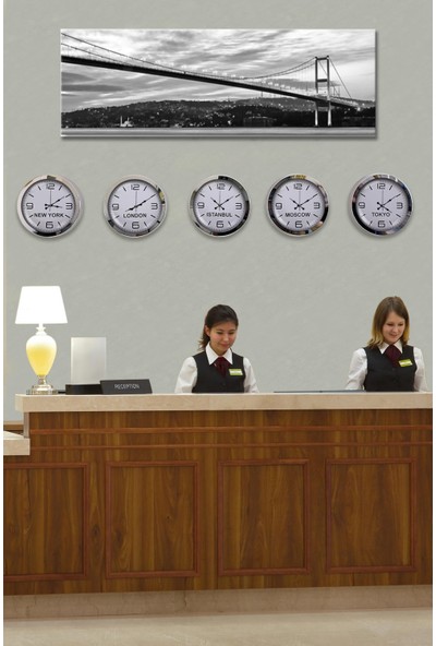 Platin Saat 36 cm Krom Metal 5 Adet Set Otel Dünya Saati