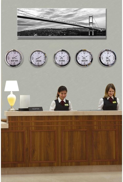 Platin Saat 36 cm Krom Metal 5 Adet Set Otel Dünya Saati