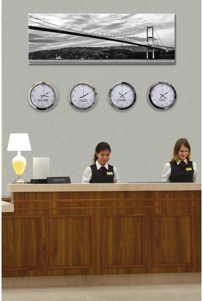 Platin Saat 36 cm Krom Metal 4 Adet Set Otel Dünya Saati