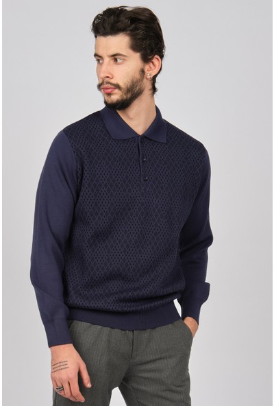Woolman Erkek Desenli Polo Yaka Yün Kazak 1571053 Indigo