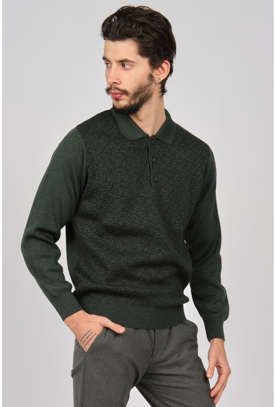 Woolman Erkek Desenli Polo Yaka Yün Kazak 1571033 Yeşil
