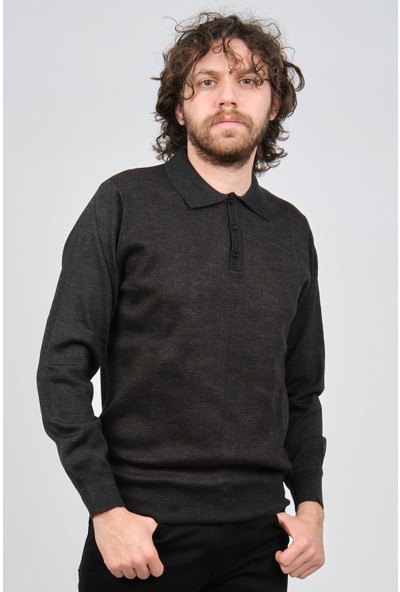 Woolman Erkek Desenli Polo Yaka Yün Kazak 1572001 Füme