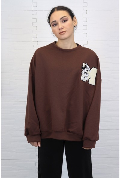 Look Butik Micky Mouse Armalı Kadın Sweatshirt - Kahverengi Look Butik Micky Mouse Armalı Kadın Sweatshirt - Kahverengi
