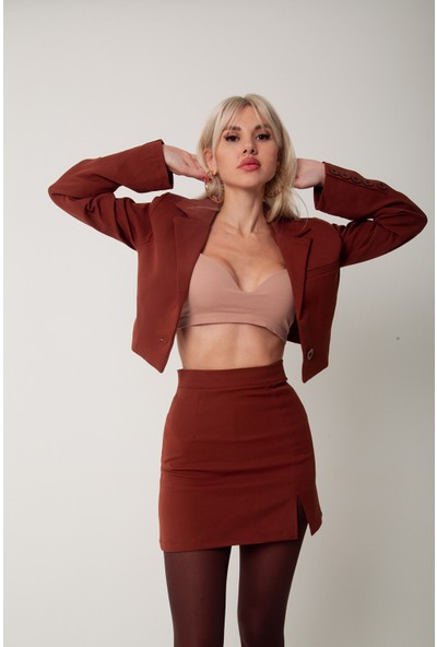 Holly Lolly Kadın Kahverengi Mini Boy Yırtmaçlı Panky Etek