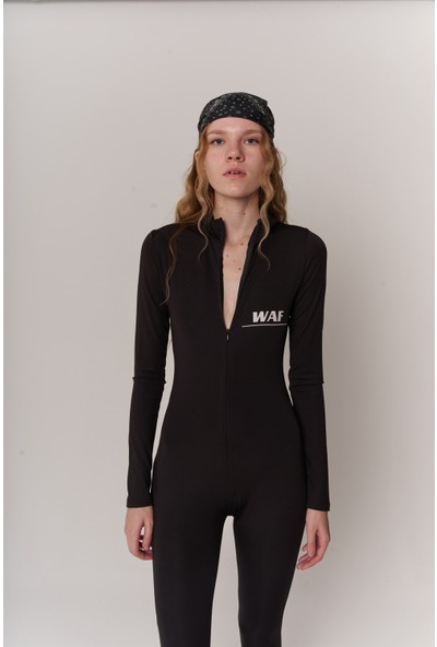 Holly Lolly Kadın Siyah Dar Kalıp Fermuarlı Uzun Kol Waf Tulum