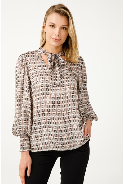 Ekol Fular Yaka Desenli Bluz
