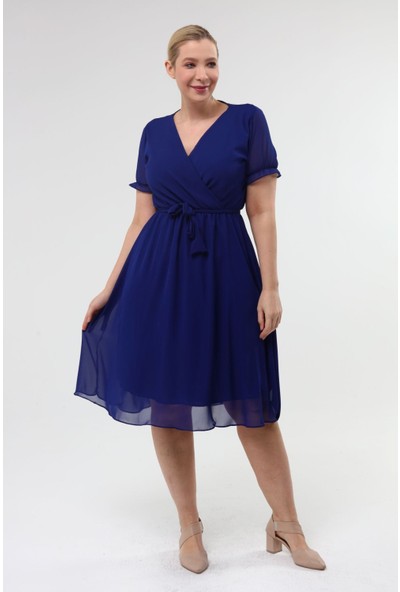 Modayız Kruvaze Yaka Büyük Beden Şifon Saks Elbise 26B-1967 Modayız Kruvaze Yaka Büyük Beden Şifon Saks Elbise 26B-1967