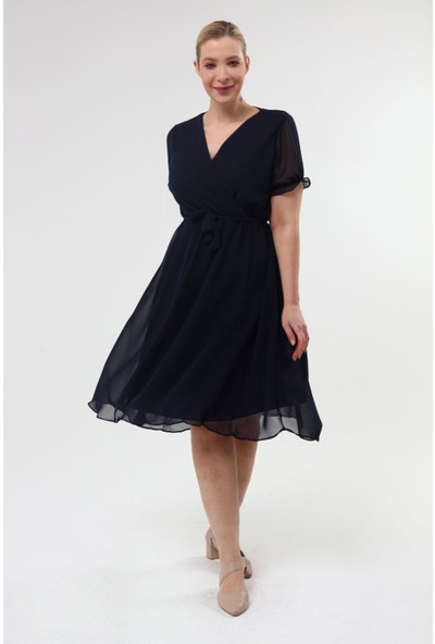 Modayız Kruvaze Yaka Büyük Beden Şifon Lacivert Elbise 34D-1968