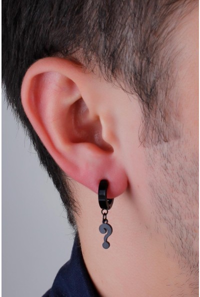 Madame Concept Sıkıştırmalı Çelik Siyah Renk Soru Işareti Figürlü Erkek Küpe