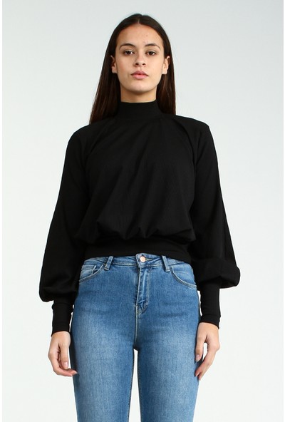 Collezione Siyah Kadın Deve Tüyü Spor Regular T-Shirt Uzun Kol