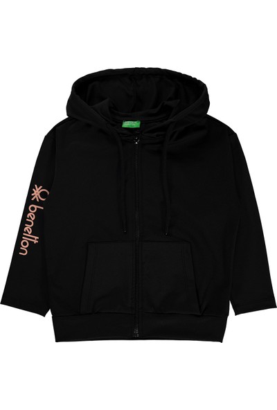 Benetton Kız Çocuk Kapüşonlu Hırka 4-13 Yaş Siyah