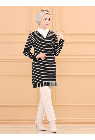 Tofisa Çizgili Desenli Tunik - Siyah - Tofisa