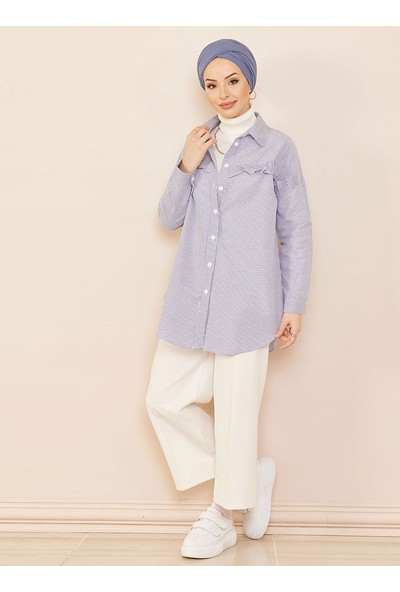 Tofisa Çizgili Gömlek Tunik - Saks - Tofisa