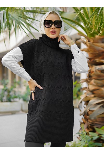 Por La Cara Prinç Örgü Yandan Yırtmaçlı Triko Süveter - Siyah - Por La Cara
