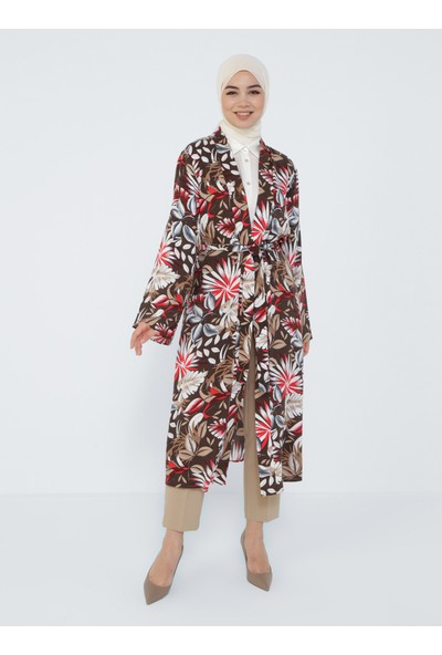 Tavin Doğal Kumaşlı Çiçek Desenli Kuşaklı Kap - Kahverengi - Tavin