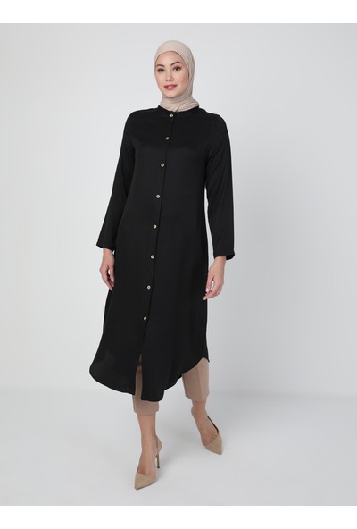 Ecesun Boydan Düğmeli Uzun Tunik - Siyah - Ecesun