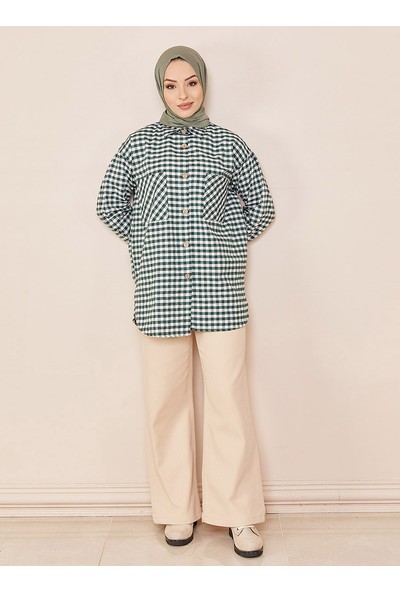 Tofisa Pötikareli Gömlek Tunik - Yeşil - Tofisa