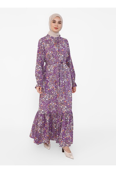 Tavin Doğal Kumaşlı Çiçek Desenli Kuşaklı Elbise - Lila - Tavin