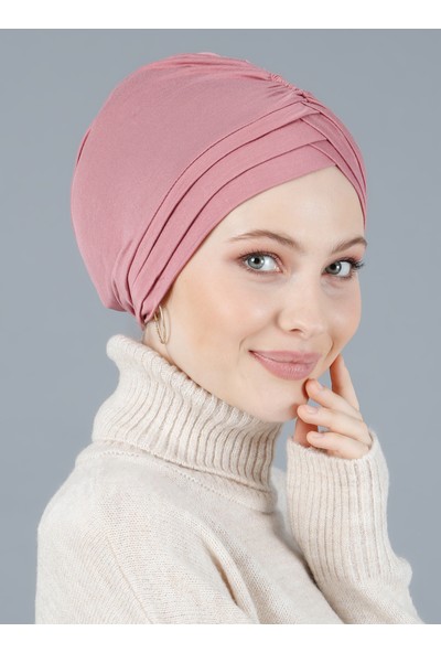 Mervin Şal 3 Bantlı Jersey Viskon Hazır Türban - Gül Kurusu - Mervin Şal