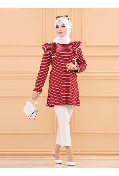 Tofisa Çizgili Volan Detaylı Tunik - Bordo - Tofisa