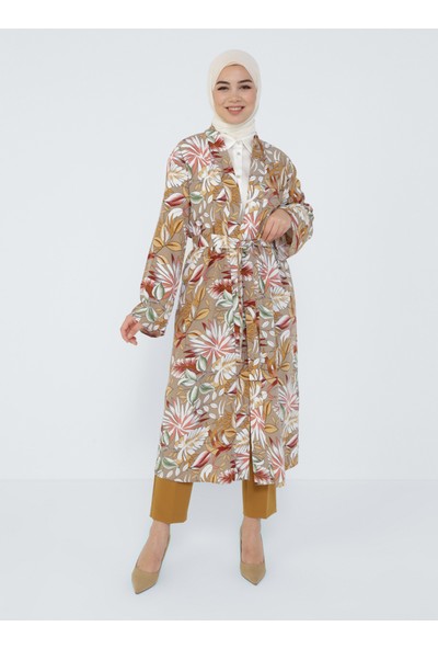 Tavin Doğal Kumaşlı Çiçek Desenli Kuşaklı Kap - Vizon - Tavin