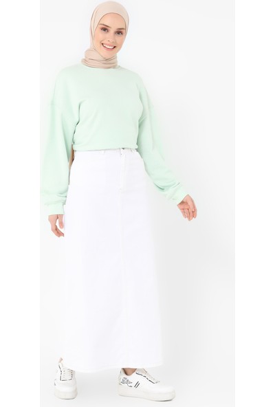 Benin Doğal Kumaşlı Kontrast Dikişli Kot Etek - Beyaz - Benin Benin Doğal Kumaşlı Kontrast Dikişli Kot Etek - Beyaz - Benin