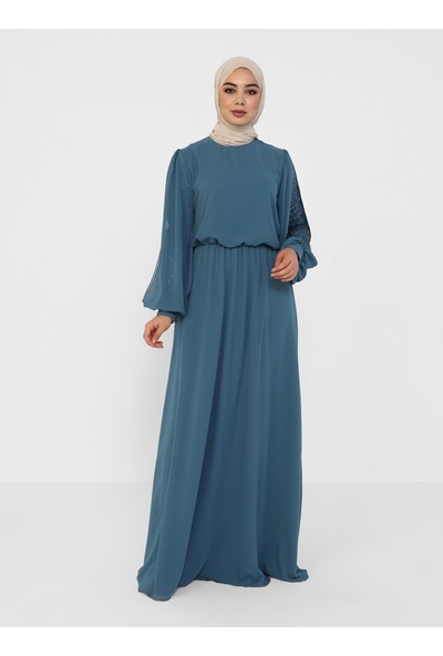 Tavin Balon Kollu Payetli Abiye Elbise - Petrol - Tavin