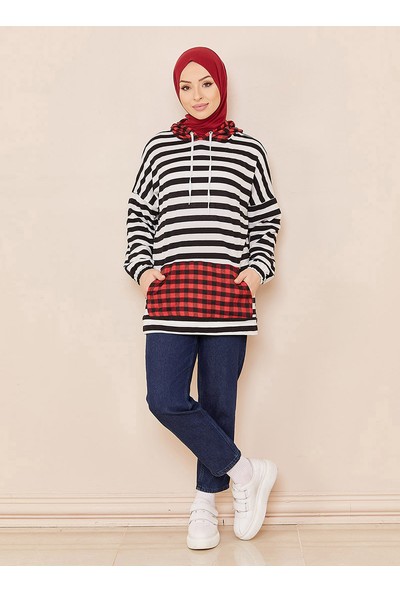 Tofisa Kapüşonlu Çizgili Desenli Tunik - Kırmızı - Tofisa