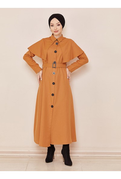 Tofisa Boydan Düğmeli Kemerli Trençkot - Taba - Tofisa