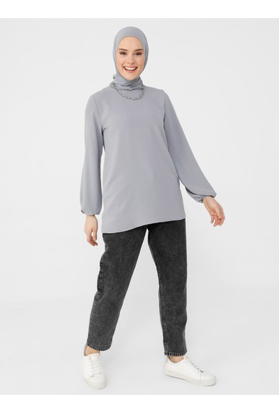 Refka Kol Ucu Lastikli Balon Kol Aerobin Bluz - Gri Mavi - Refka Casual Refka Kol Ucu Lastikli Balon Kol Aerobin Bluz - Gri Mavi - Refka Casual