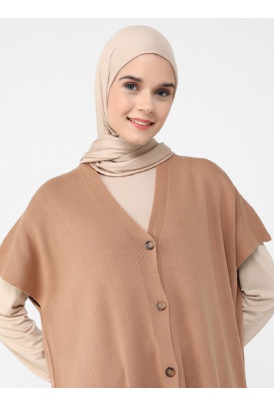 Refka Yanları Yırtmaçlı Triko Yelek - Camel - Refka Basic