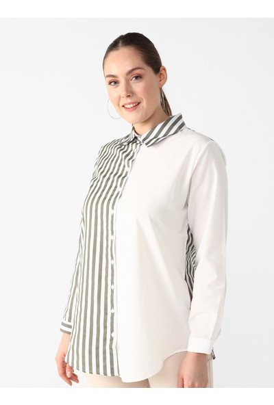 Alia Büyük Beden Pamuk Kumaşlı Çizgili Tunik - Beyaz Haki - Alia Alia Büyük Beden Pamuk Kumaşlı Çizgili Tunik - Beyaz Haki - Alia