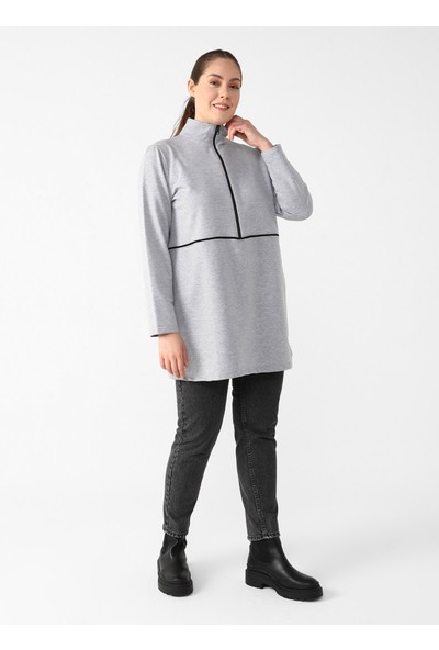 Alia Büyük Beden Pamuk Kumaşlı Biye Detaylı Tunik - Açık Gri - Alia Alia Büyük Beden Pamuk Kumaşlı Biye Detaylı Tunik - Açık Gri - Alia