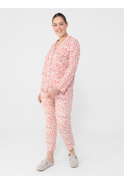 Alia Büyük Beden Doğal Kumaşlı Çiçek Desenli Ikili Pijama Takımı - Pudra - Alia Alia Büyük Beden Doğal Kumaşlı Çiçek Desenli Ikili Pijama Takımı - Pudra - Alia