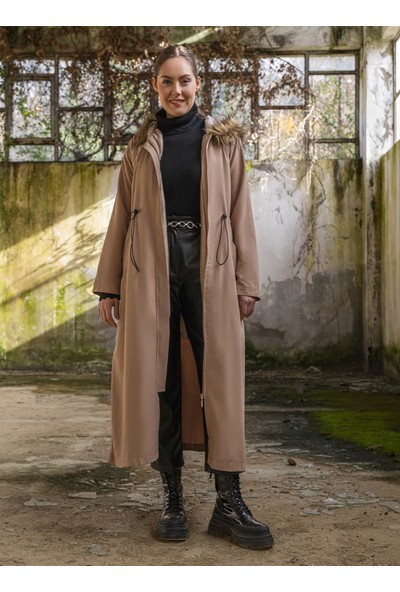 Alia Büyük Beden Yakası Kürk Detaylı Kuşaklı Kaban - Camel - Alia