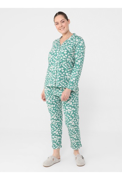 Alia Büyük Beden Doğal Kumaşlı Çiçek Desenli Ikili Pijama Takımı - Yeşil - Alia Alia Büyük Beden Doğal Kumaşlı Çiçek Desenli Ikili Pijama Takımı - Yeşil - Alia