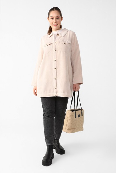 Alia Büyük Beden Cep Detaylı Kadife Ceket - Bej - Alia