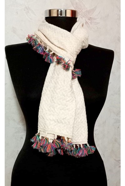 MarkAşk Markaşk-Püsküllü Triko Atkı Kaşkol-Ekru