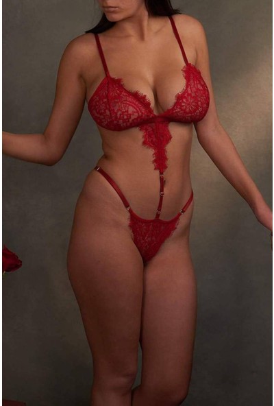 Meriluu IG0011 Fantezi Bralet Sütyen Takım-Kırmızı-Xl