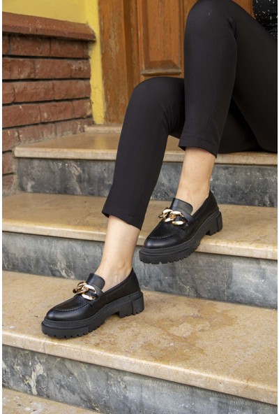 Wenti Shoes Zincirli Siyah Cilt Kalın Taban Loafer Ayakkabı