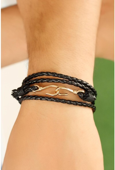 Giraffe Çelik Kanca Detaylı Siyah Örgü Deri Erkek Bileklik
