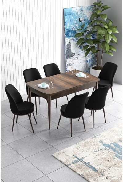Canisa Concept Han Serisi 70 x 114 Cm, Açılabilir Mdf Mutfak Masa Takımı, Barok Ahşap Desen Masa ve 6 Sandalye