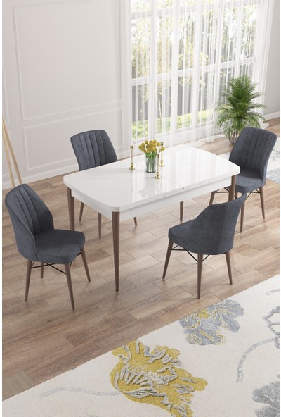 Canisa Concept Nef Serisi 70 x 114 Cm, Açılabilir Mdf Mutfak Masa Takımı, Beyaz Masa Ceviz Ayak, 4 Sandalye