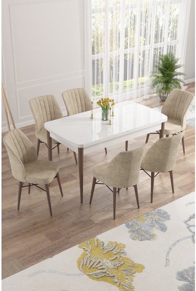 Canisa Concept Nef Serisi 70 x 114 Cm, Açılabilir Mdf Mutfak Masa Takımı, Beyaz Masa Ceviz Ayak, 6 Sandalye