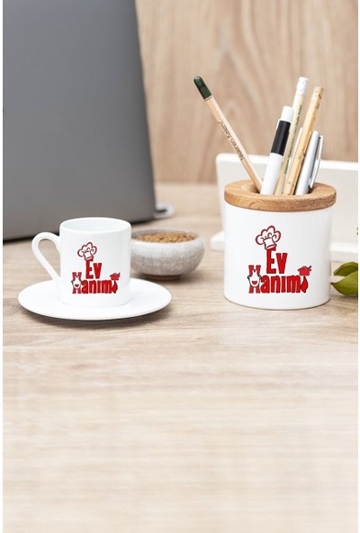 Beyaz Ev Hanımı Tasarım Baskılı Türk Kahvesi Fincanı ve Kalemlik Seti