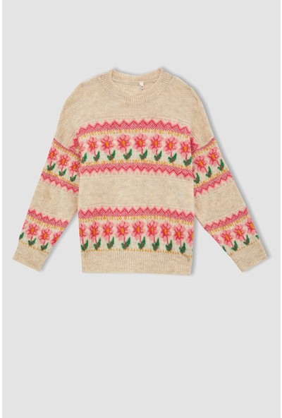 DeFacto Kız Çocuk Regular Fit Çiçek Desenli Bisiklet Yaka Kazak W6498A621WN