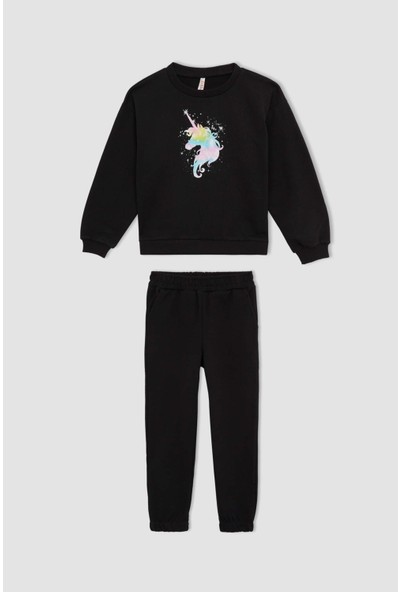 DeFacto Kız Çocuk Unicorn Baskılı Geri Dönüşümlü Sweatshirt Jogger Eşofman Alt Takım W7120A622SP