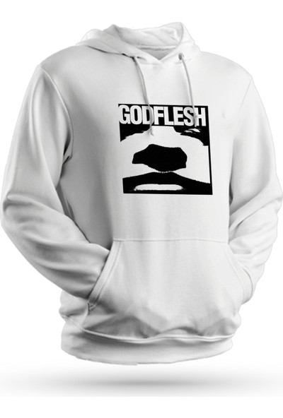 Godflesh Baskılı Beyaz Unisex Kapüşonlu Sweatshirt