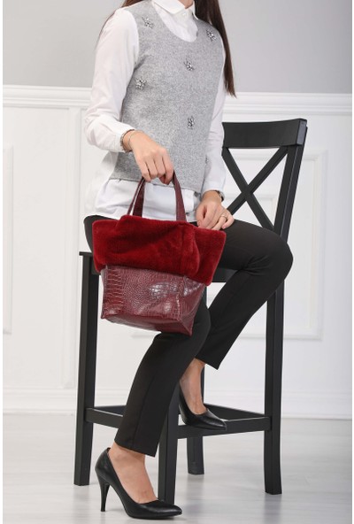 Ayşe Tasarım Kürklü Deri Çanta 18X28