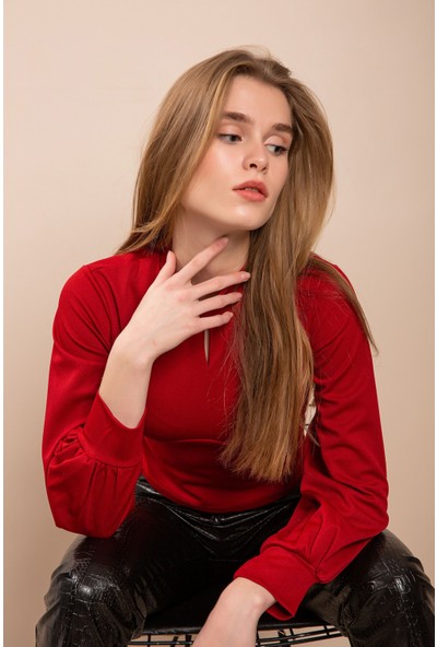 Hakke Damla Balon Kol Krep Bluz